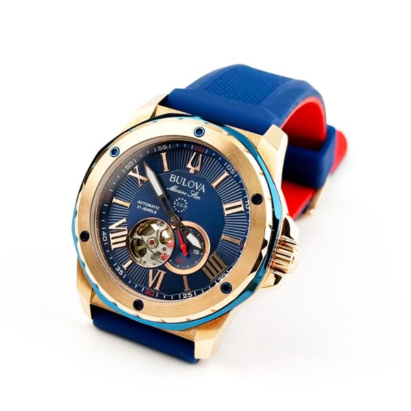 Bulova Marine Star 98A227 Rose Gold-Tone Blue Dial Men's Automatic ...