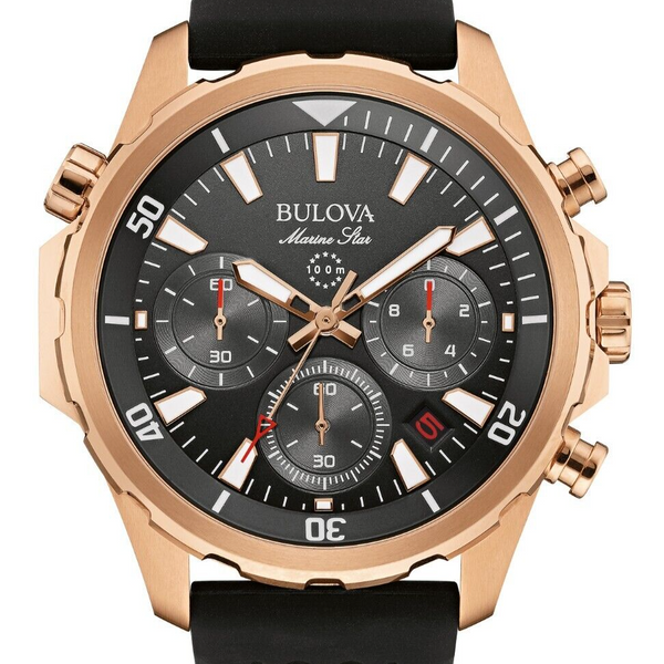 Bulova Men's Marine Star Chronograph Rose Gold Case Band Watch 43MM ...