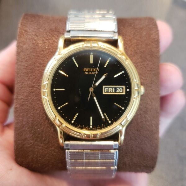 SEIKO QUARTZ MEN'S BLACK DIAL DATE 7N43-8138 Speidel Twist-Flex Band ...