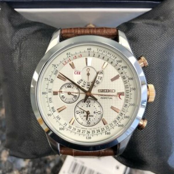 Seiko Men's SPC129P1 Neo Classic Alarm Perpetual Chrono Brown Leather ...