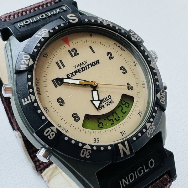 Vintage Timex Expedition Ana-Digi Men's Watch Beige Green Dial Brown ...