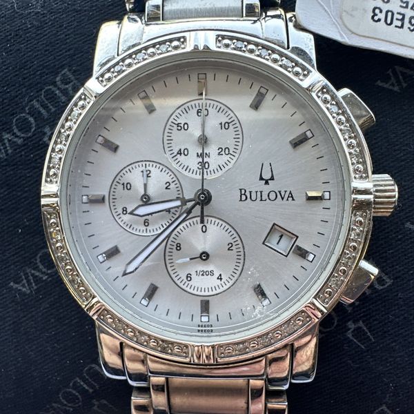 BULOVA 96E03 Diamond Chronograph Date Silver Dial Stainless Steel Mens ...