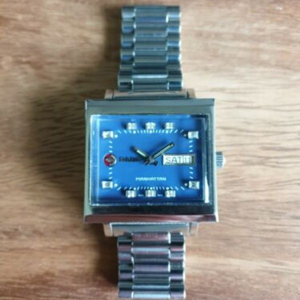 Vintage Rado Manhattan Automatic Day/Date Square watch. Blue dial ...