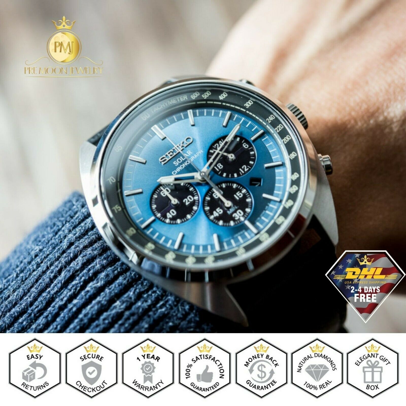 SEIKO Men's Watch Solar Chronograph Blue Dial Black Leather Eco Drive ...