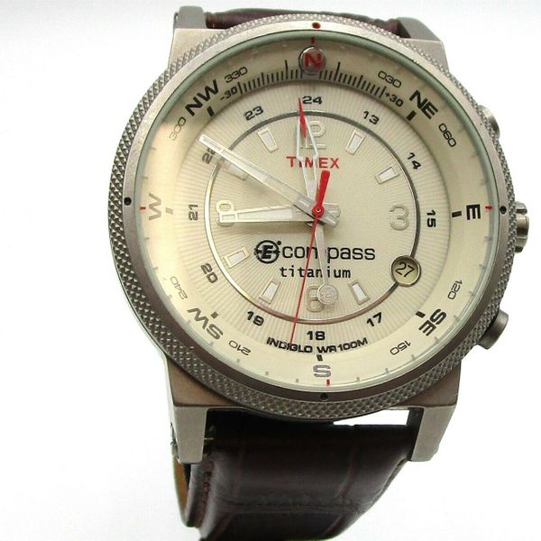 Timex Compass Titanium Indiglo WR 100M Brown Leather Band Watch *Runs ...