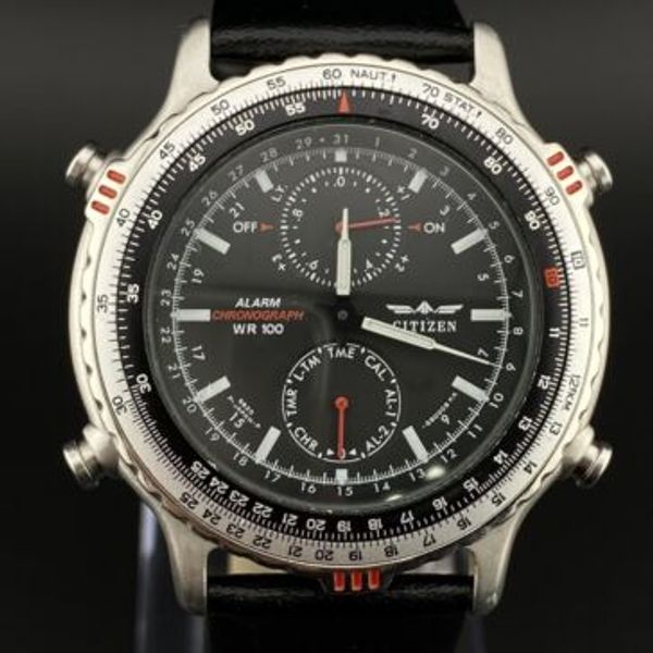 Vintage Citizen Chronograph Alarm Wingman Pilot Black Red Dial Leather ...