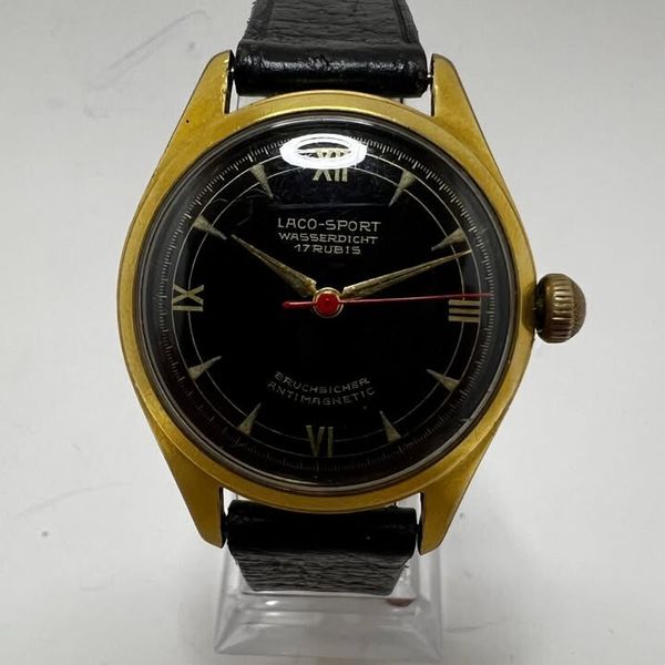 Vintage Laco-Sport 17 Rubis Watch - Black Dial, Gold-Tone Case ...