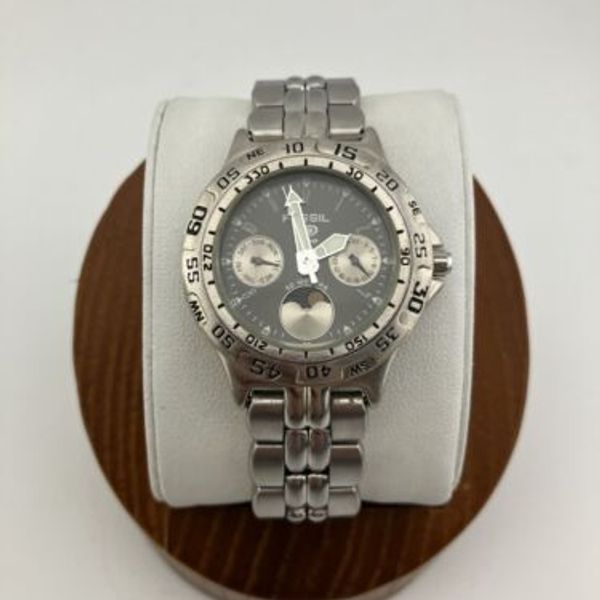 Fossil Blue 35mm Watch Moonphase Silver Tone Black Dial Day/Date 7â BQ ...