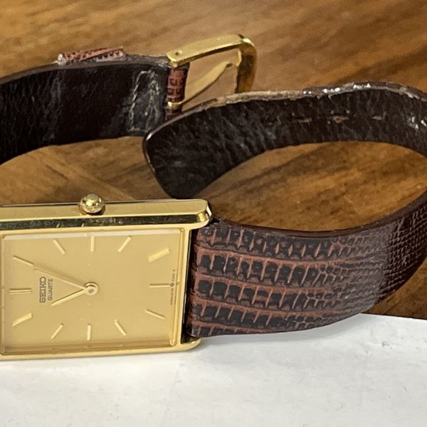 Vintage* SEIKO Quartz 35 mm Rectangle Gold Dial Brown Leather Men's ...