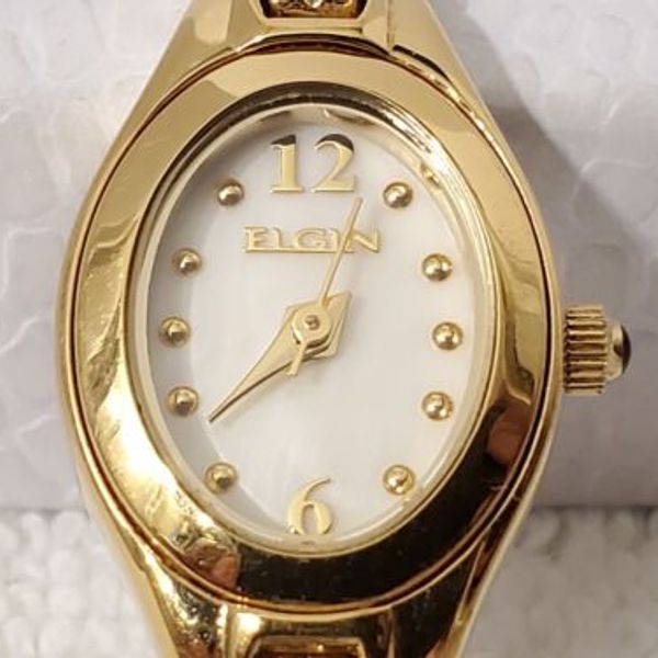 Vintage Elgin Women's Quartz Watch Gold Tone Mother Pearl White Dial ...
