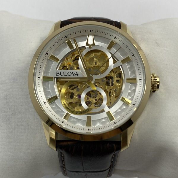 Bulova Sutton Automatic Skeleton Dial Brown Leather Strap Men's Watch ...