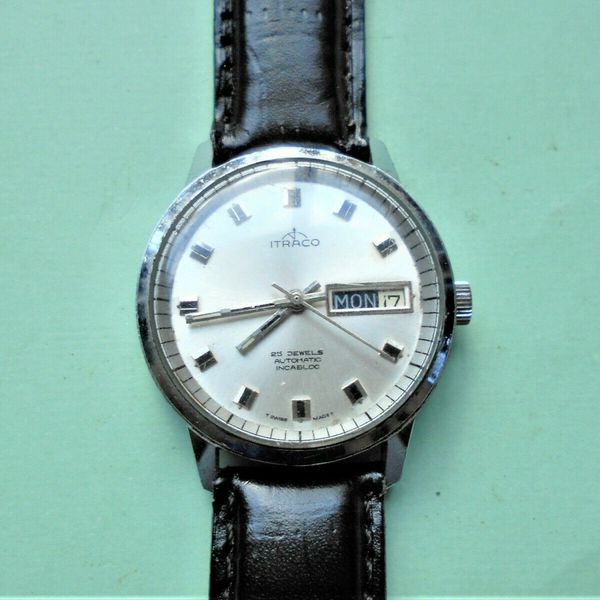Vintage ITRACO 25 Jewel Automatic Incabloc Day Date Wrist Watch ...