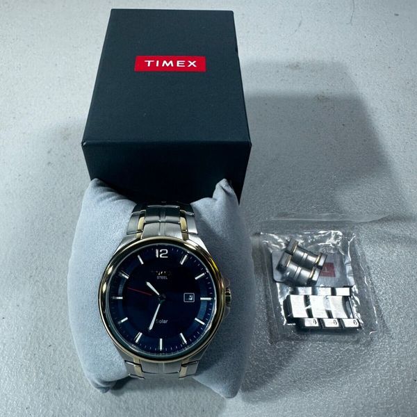 Timex Men's Watch TW2V39700 Solar Blue Dial Date Two Tone Stainless ...