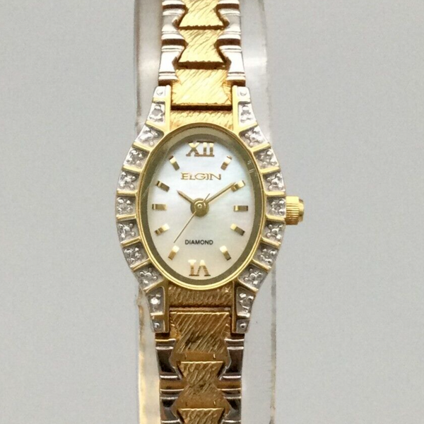 Elgin Diamond Watch Women 17mm Gold Tone White MOP Dial New Battery 7. ...