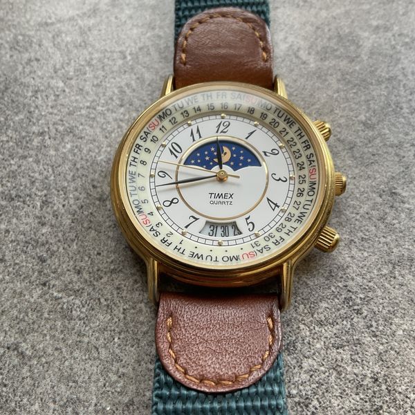 Vintage Timex 364T Cell Men Moon Phase Gold Perpetual Calendar 37mm ...