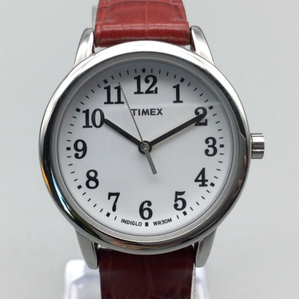 Timex Watch Women 30mm Silver Tone Indiglo Red Leather Band New Battery ...