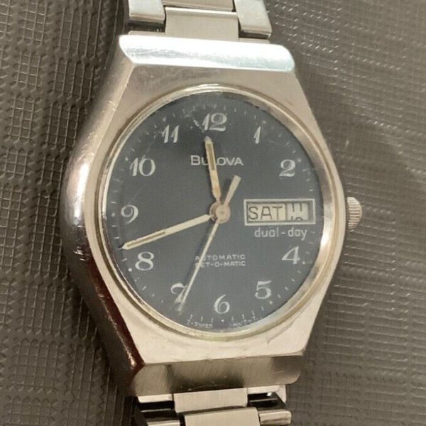 Vintage Bulova Automatic Menâ s Stainless Steel Set-O-Matic Dual-Day N7 ...