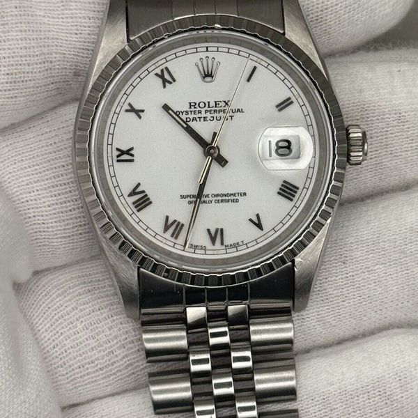 Rolex Datejust 36mm Model 16220 Steel Watch White Roman Dial ...