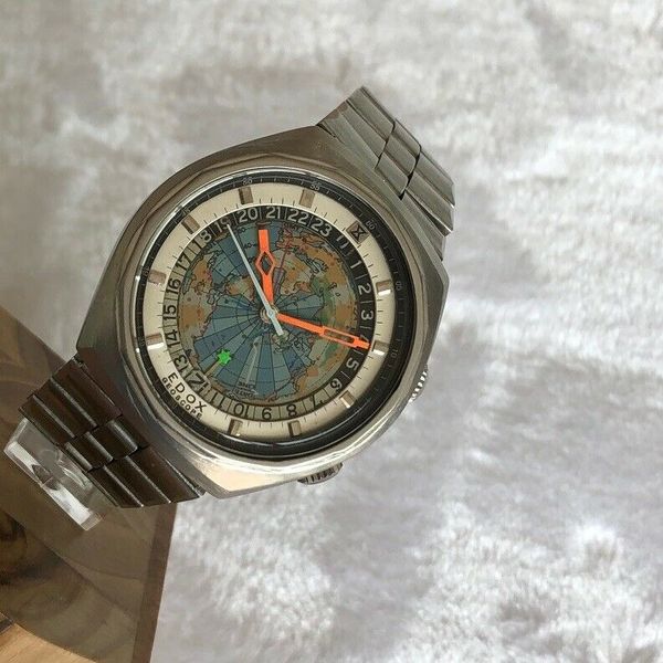 EDOX GEOSCOPE 42 AUTOMATIC GMT WORLDTIME 42MM VINTAGE STEEL RARE WRIST ...