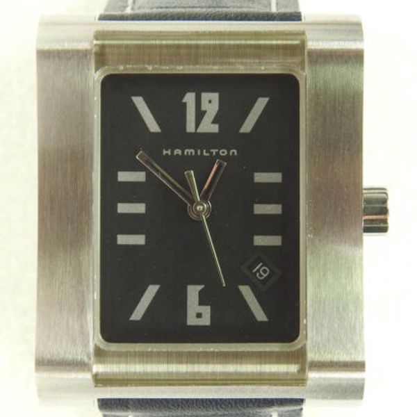 Hamilton 000032 Stainless Steel RECTANGLE Black Dial BLUE LEATHER Watch ...