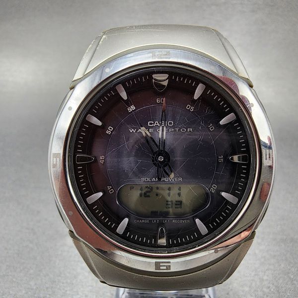 Casio Wave Ceptor Watch Men 42mm Blue Dial Analog Digital Solar Steel ...