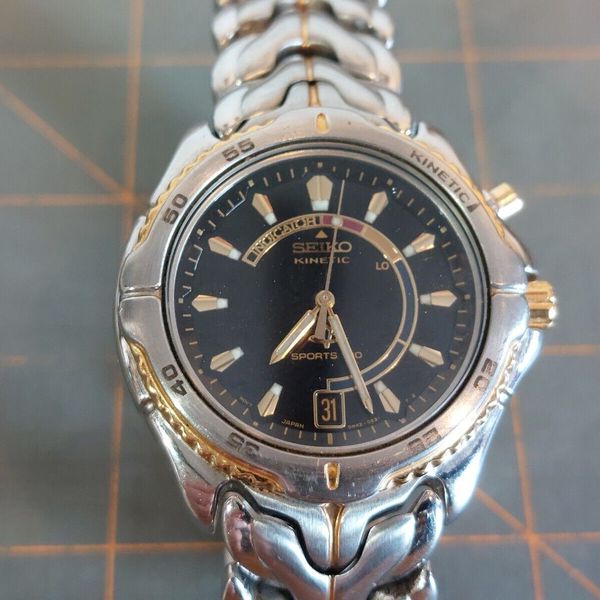 Seiko Kinetic Watch Men 5M42-0B09 Automatic Indicator Black Gold Silver ...