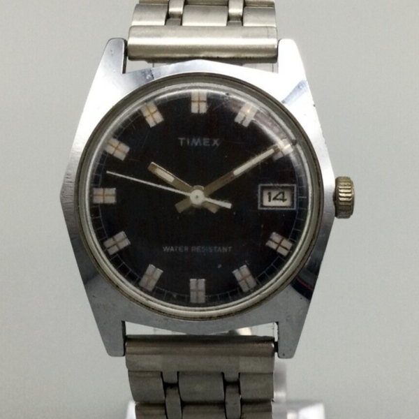 Vintage Timex Automatic Watch Women Silver Tone Date Round Black Dial ...