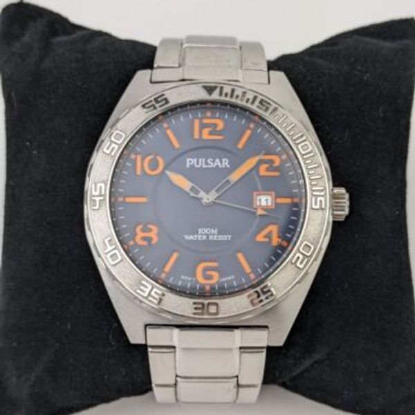 Pulsar VJ42-X123 Mens Watch Stainless Steel Navy Blue Dial Orange ...