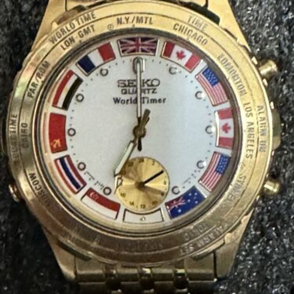 Vintage Seiko Quartz World Timer Watch Gold Plated 8V22-7009 Country ...