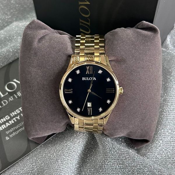 Bulova Men's Classic Diamonds Black Dial/Gold Bracelet 97D108 Quartz ...