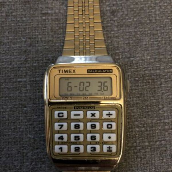 Retro Rare Gold Tone Timex Calculator Alarm Indiglo Mens Watch ...