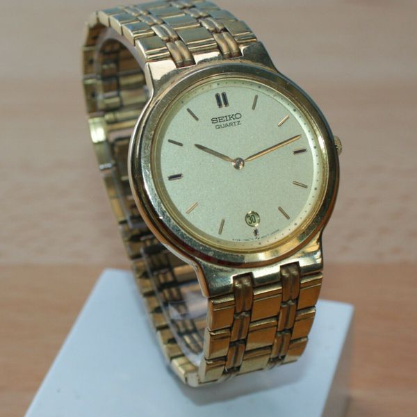 SEIKO QUARTZ 5Y39-7A99 R1 GOLD DATE DIAL ORIGINAL BAND MEN'S WATCH ...