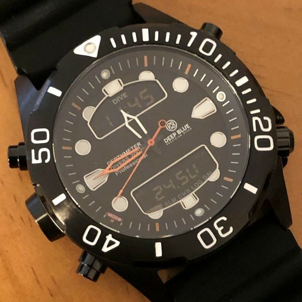 DEEP BLUE DEPTHMETER 200M DIVER WATCH RARE BLACK ON BLACK PVD COMBAT ...