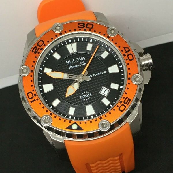 Bulova Marine Star Men Automatic Watch Orange Rubber Strap 98B207 ...