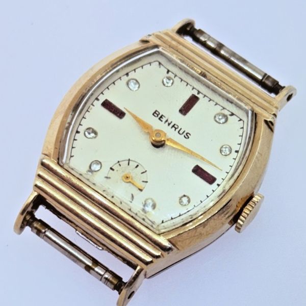 VINTAGE BENRUS CAL. BB4 MENS GOLD FILLED TANK WATCH - DIAMOND RUBY DIAL ...