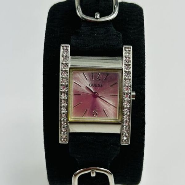 Guess Watch Women Silver Tone Black Leather Pave Square 22mm New ...