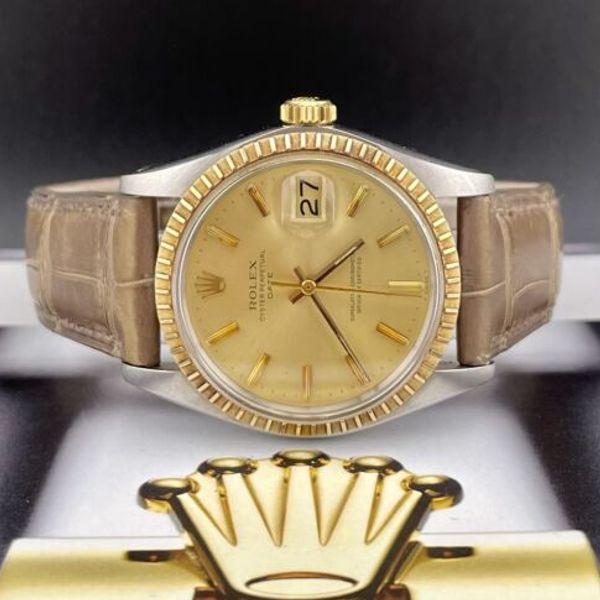 Rolex Oyster Perpetual Date 34mm Gold Dial Vintage Men's Watch PAPERS ...