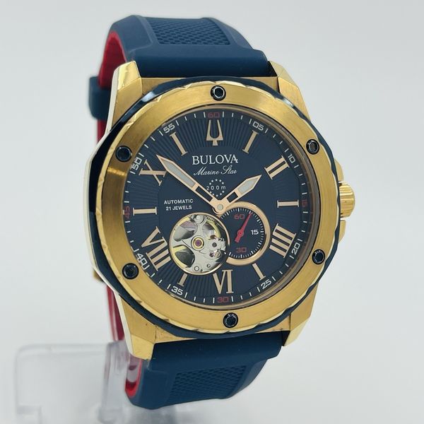Bulova Marine Star Automatic Men's Blue Dial 44mm Rose Steel Watch ...