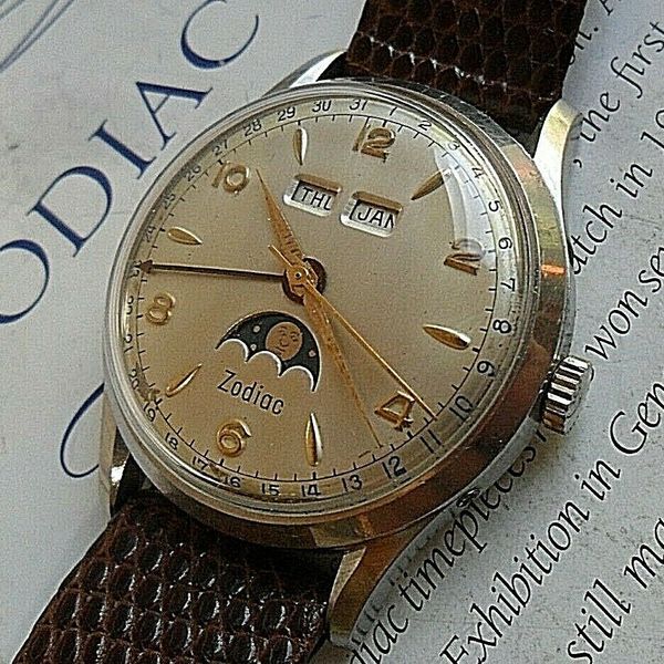 HTF Vintage Men's 1960's Zodiac Triple Date Moonphase Calendar Swiss ...