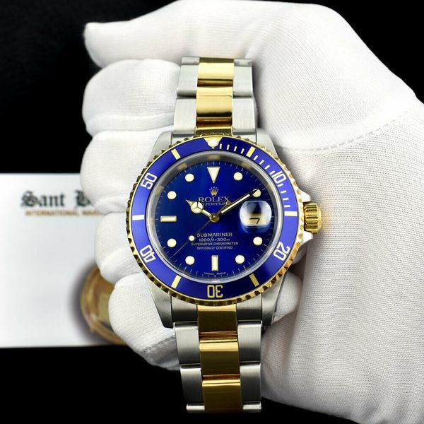 ROLEX 18kt Gold & SS Submariner SEL Blue Dial Box And Papers 16613 SANT ...