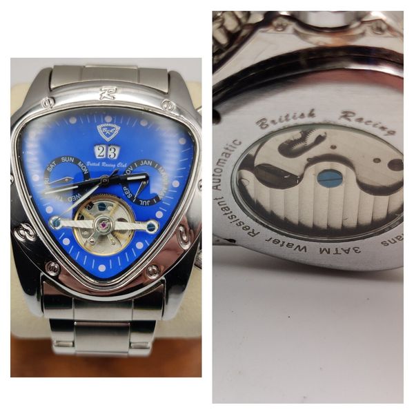 BRITISH RACING CLUB Automatic Day/Date Blue Dial Open Heart Watch ...