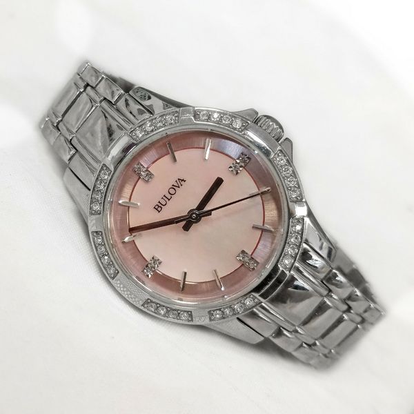 Bulova Dress Watch Crystal Bezel Pink MOP Dial C8691319 30mm Womens ...