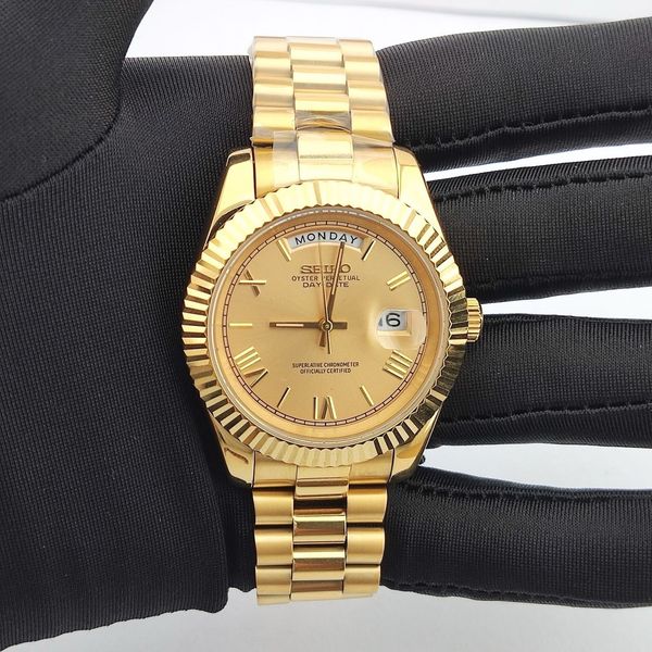 Seiko Mod Day Date Gold Aut | Fluted Pretzel Roman Dial NH35 Sapphire ...