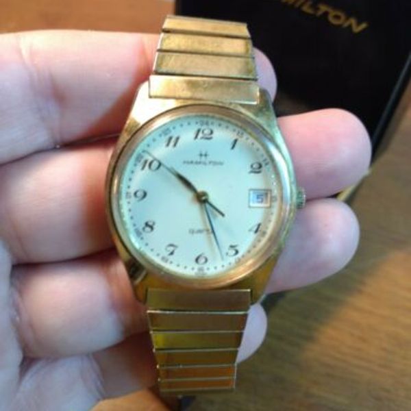 Vintage Hamilton Quartz Gold Tone Men's Watch Box Retirement Estate ...