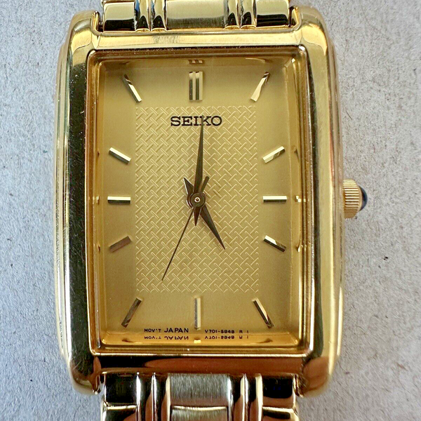 SEIKO Watch Gold Rectangle Analog Quartz Vintage V701-5E49 ...