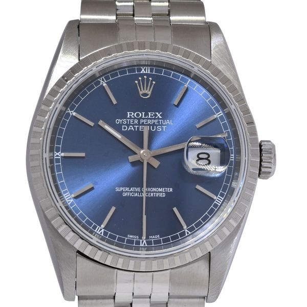 Rolex Datejust Steel Blue Dial Engine Turned Bezel Jubilee 36mm Watch A ...