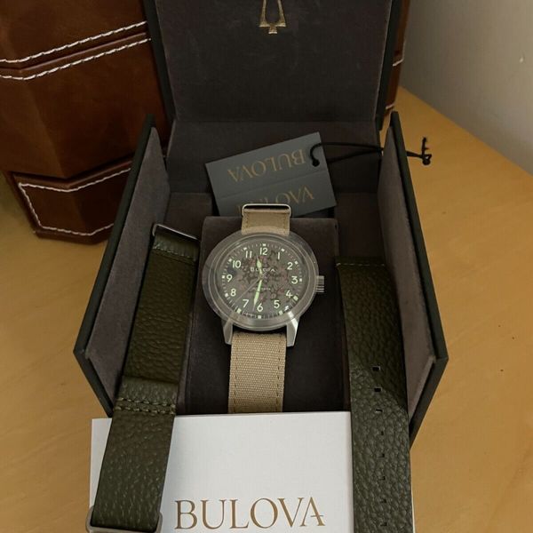 Bulova Men's Military Hack Automatic Watch Black Dial Green Leather ...