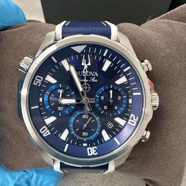 Bulova Marine Star Blue Dial Silver Tone Silicone Strap Men's Watch ...