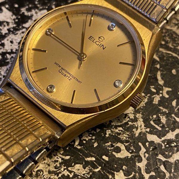 Vintage Elgin Diamond Dial Gold Tone Quartz Mens Watch | WatchCharts ...