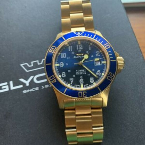 Glycine Combat Sub Automatic Blue Dial Yellow Gold-tone Men's Watch ...